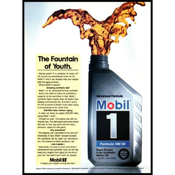 Mobil | Art | 994 Mobil 1 One Motor Oil Vintage Print Ad Fountain Of ...